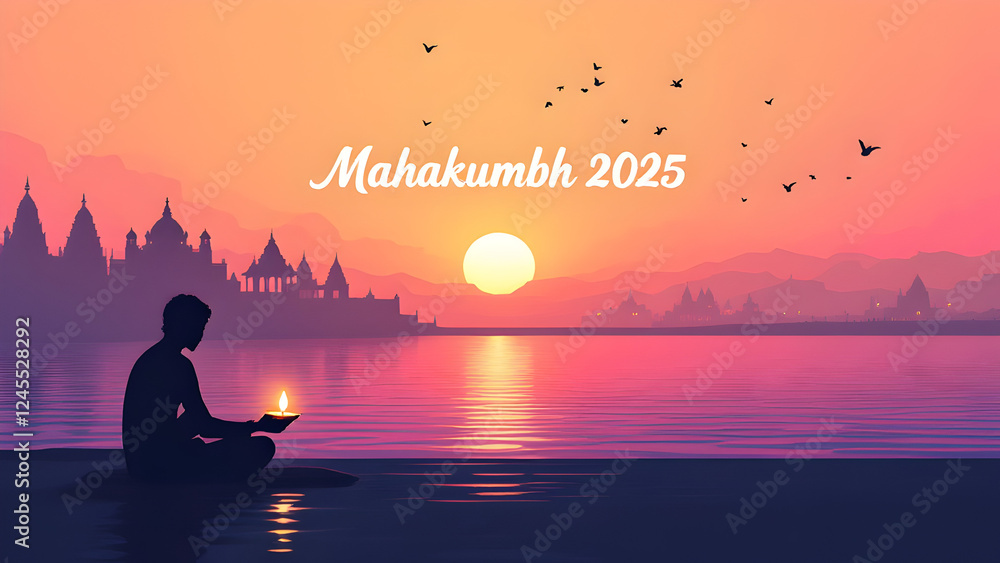 Mahakumbh 2025 poster illustration with beautiful sunset background ...