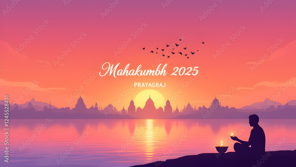 Mahakumbh 2025 poster illustration with beautiful sunset background ...