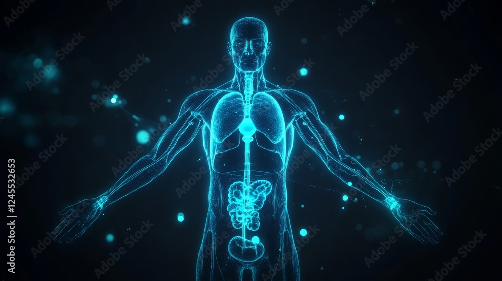 Full torso medical visualization, ethereal blue body outline, glowing ...