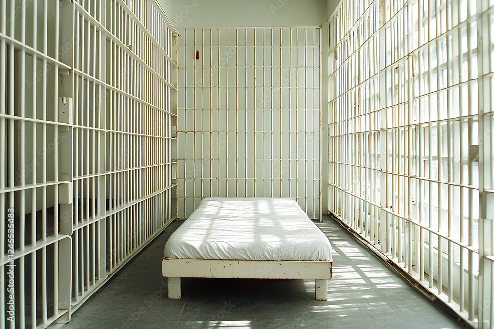 A simple and stark interior of a prison cell featuring plain white walls and a basic wooden bed ...