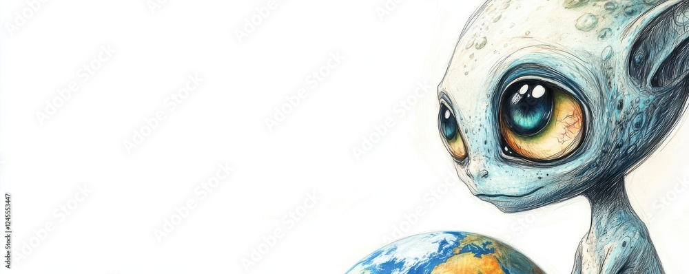 Whimsical sketch of a cartoon alien seeing Earth for the first time ...