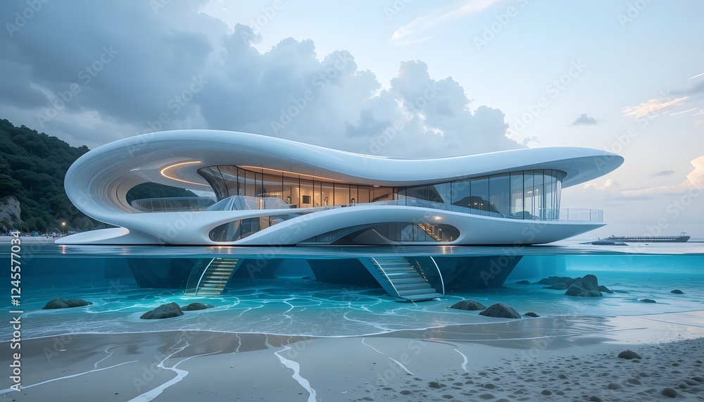 Futuristic 8K wave-inspired house on the beach, with flowing lines ...