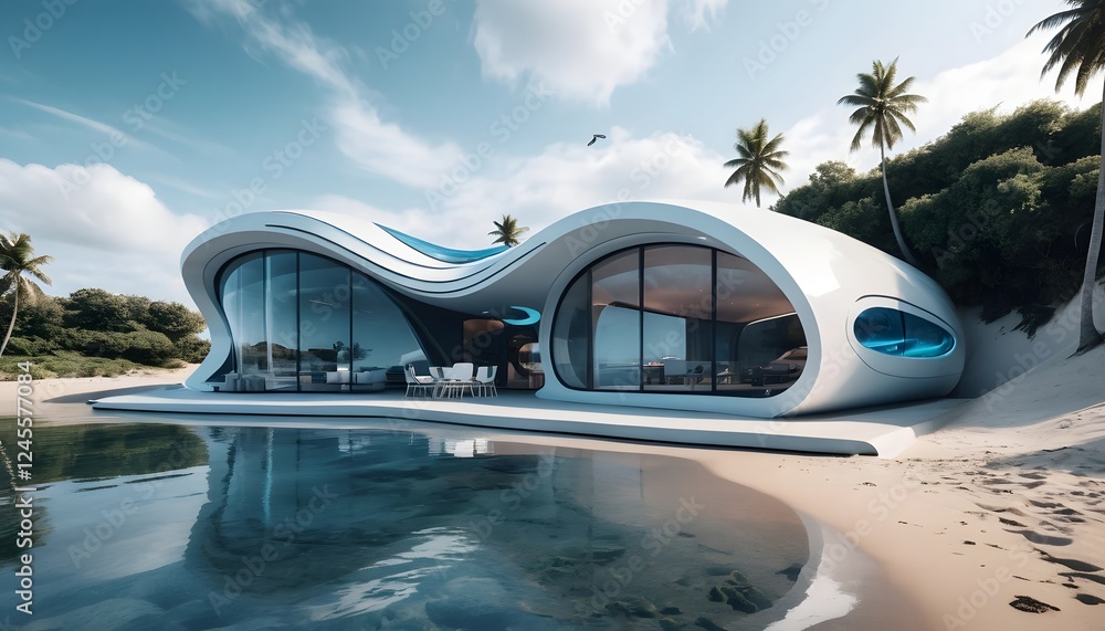 Futuristic 8K wave-inspired house on the beach, with flowing lines ...