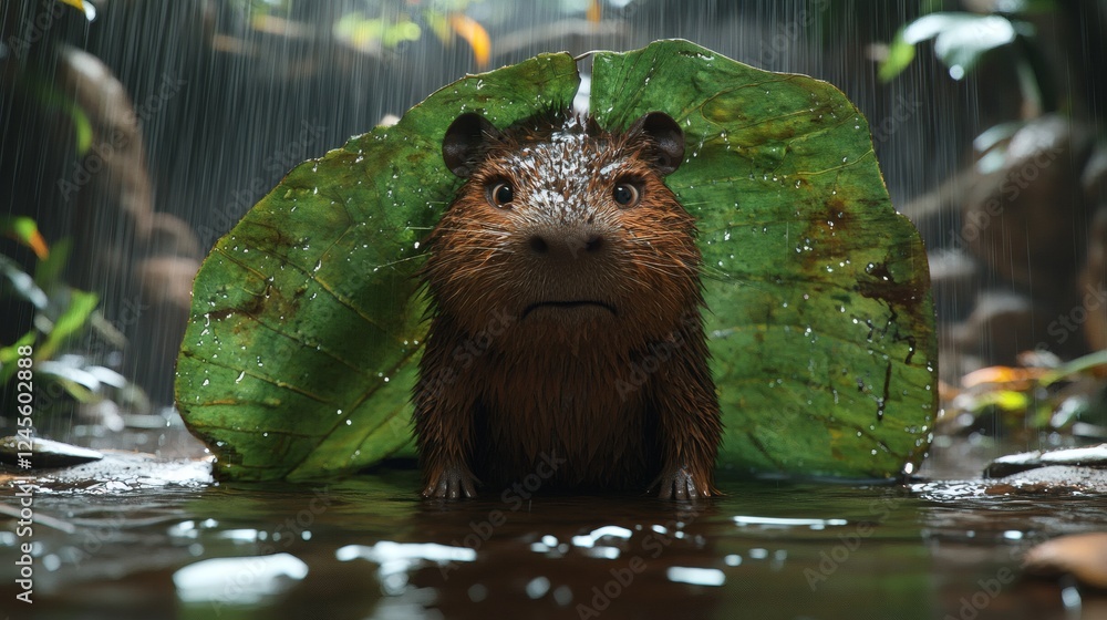 Grumpy capybara sits beneath an enormous jungle leaf glaring as rain ...