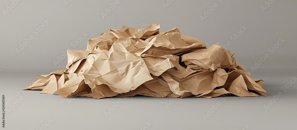 Crumpled brown paper pile on a simple gray backdrop with slightly ...