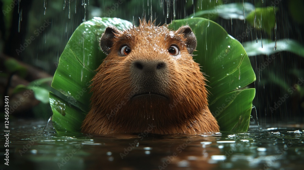 Grumpy capybara sits beneath an enormous jungle leaf glaring as rain ...