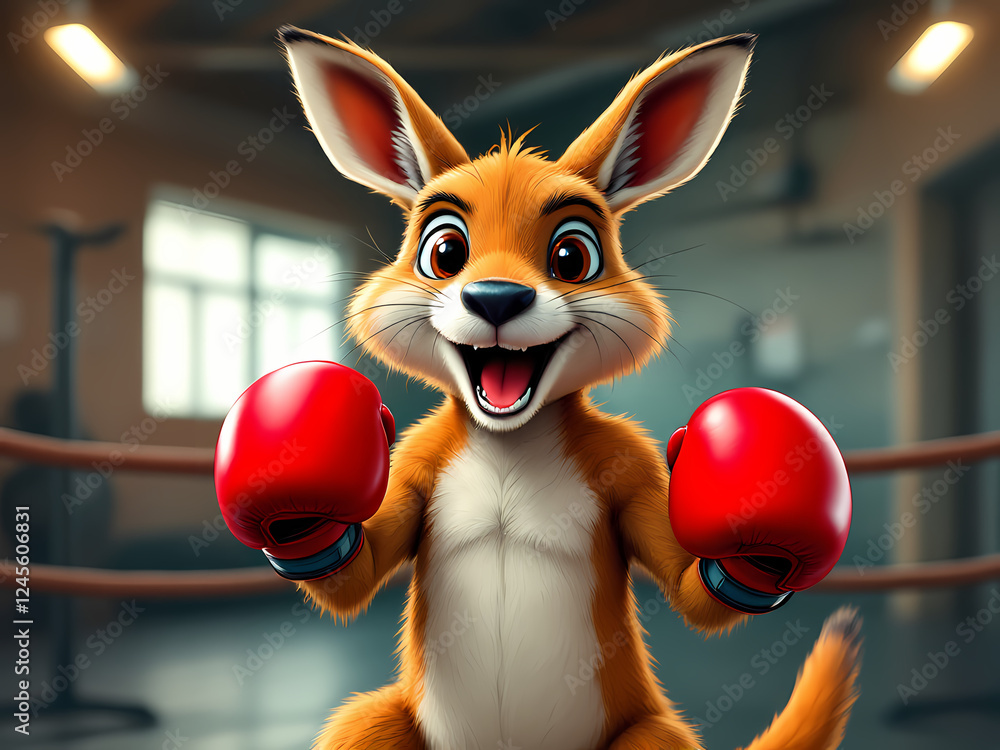 Cheerful kangaroo character smiling with boxing gloves in a gym ...