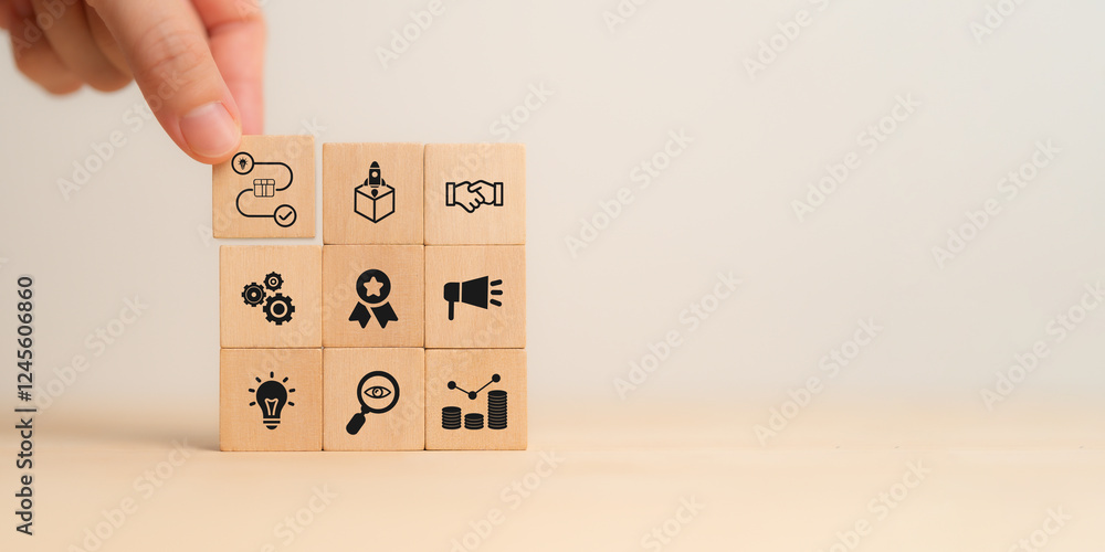 New product development and project roadmap concept. Wooden blocks with ...