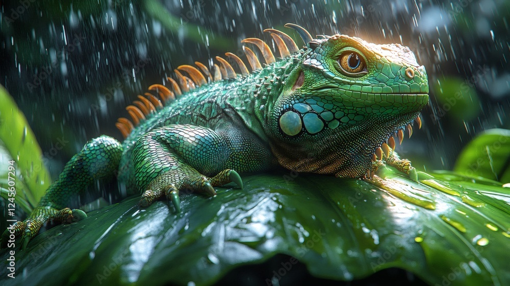 Grumpy iguana perches under massive jungle leaf glaring as rain ...