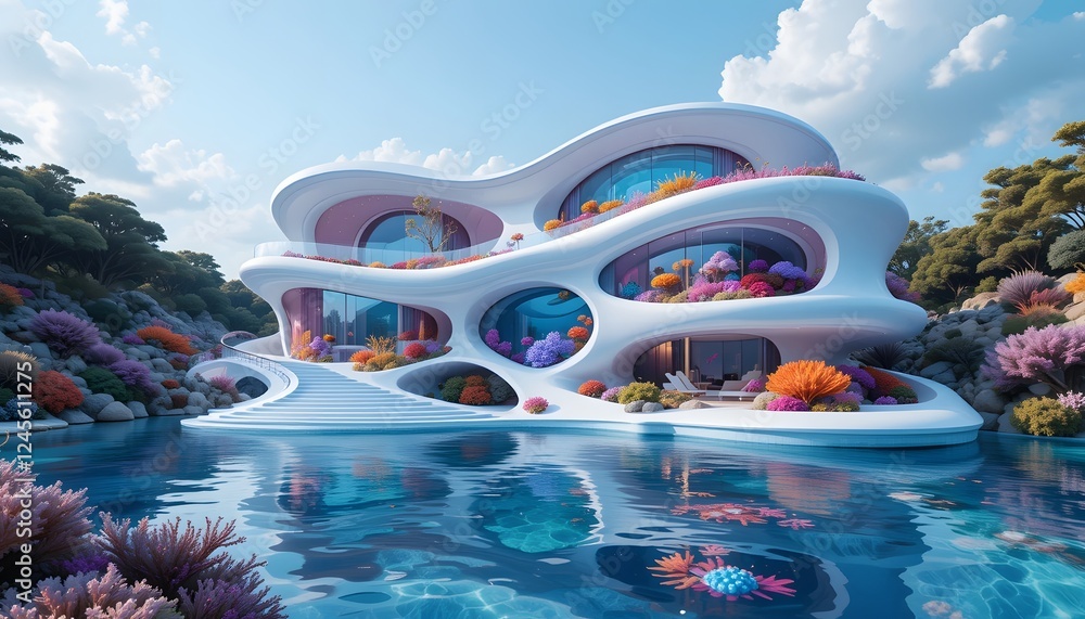 Ultra-modern 8K desert mirage house with hovering pods reflective ...