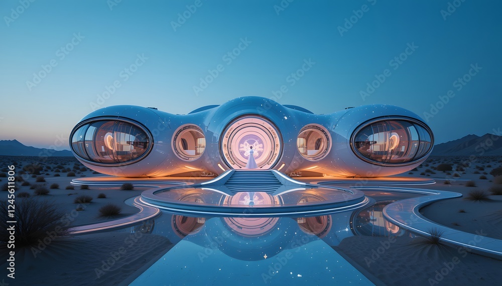 Ultra-modern 8K desert mirage house with hovering pods reflective ...