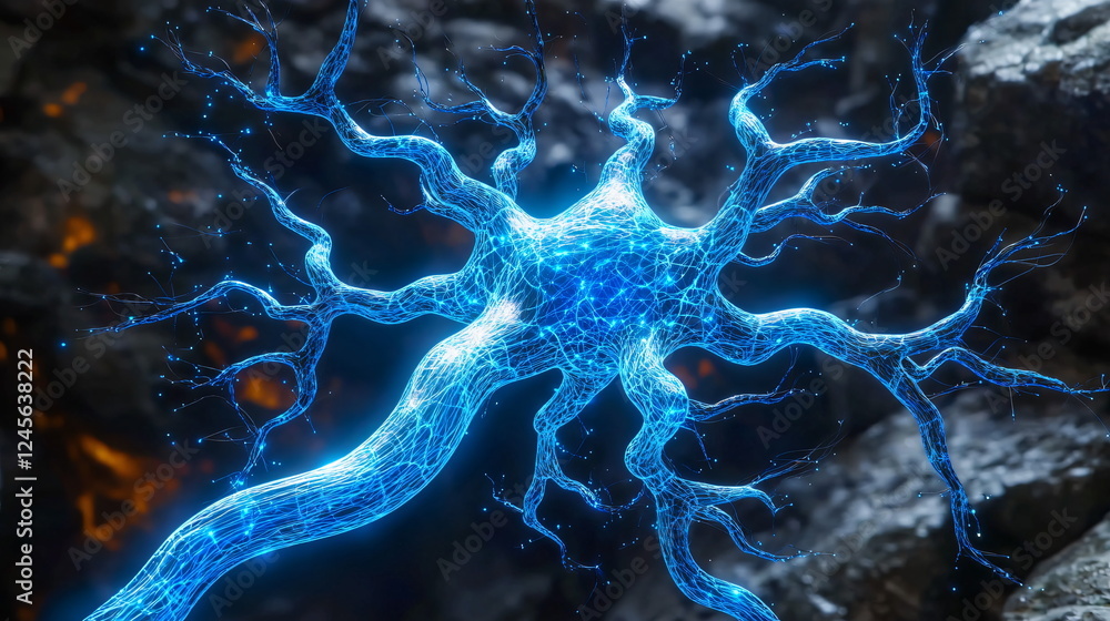 Illuminated blue neuron with glowing connections against a dark background, showcasing intricate ...