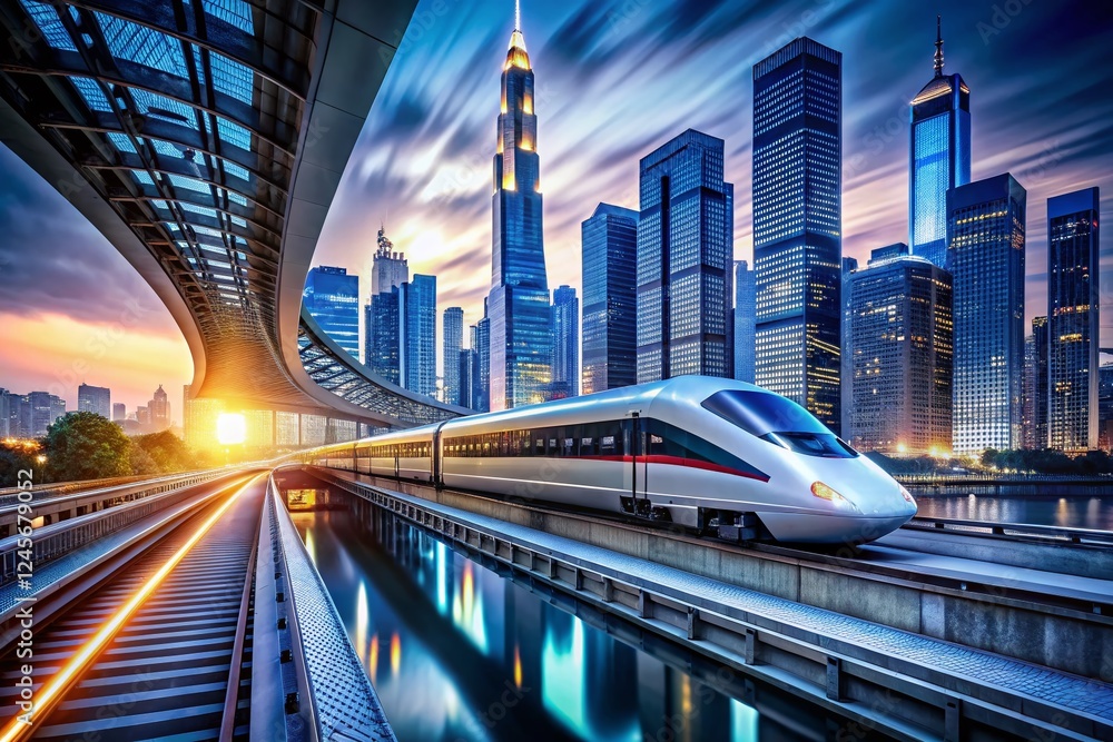 Futuristic High-Speed Train on Elevated Railroad Bridge - Future ...