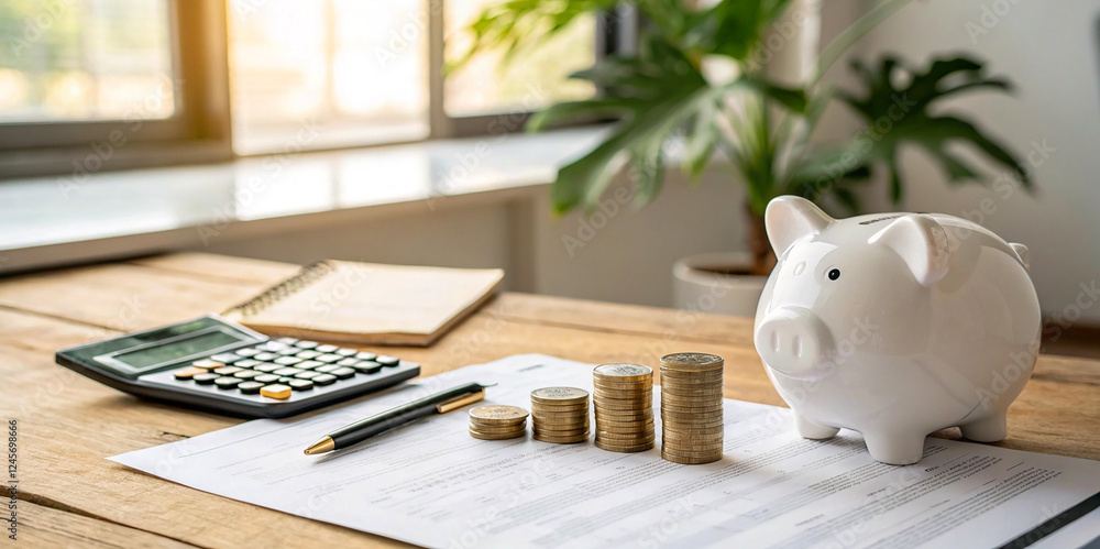 Personal finance setup, white piggy bank, stacked coins, calculator ...