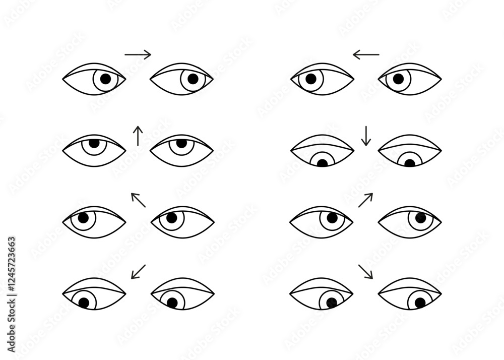 Exercises, workout for eyes of person, line set. Training eye muscles ...