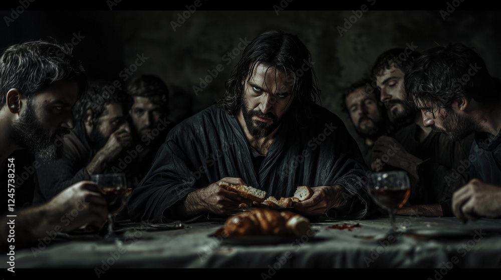 The Last Supper with Judas’ betrayal: Jesus sits at the table, solemnly ...