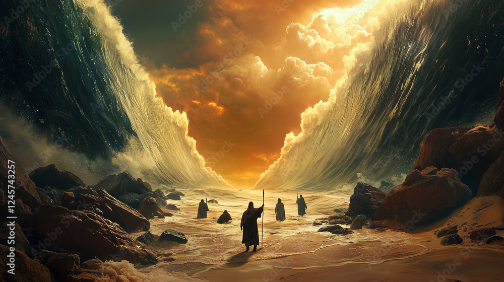 A dramatic depiction of the parting of the Red Sea, with towering walls ...