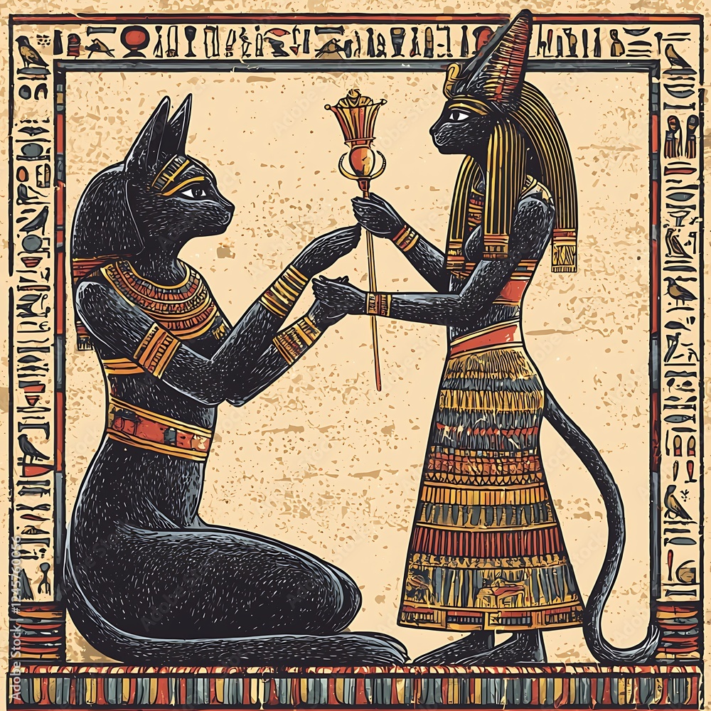 Ancient Egyptian Cat Goddesses Bastet and Sekhmet Offering Lotus Flower. Stock Illustration ...