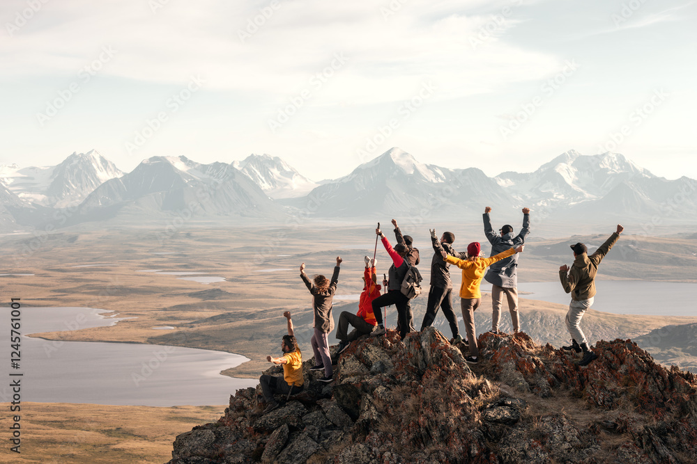 Large group of tourists diverse people hikers are standing at mountain ...