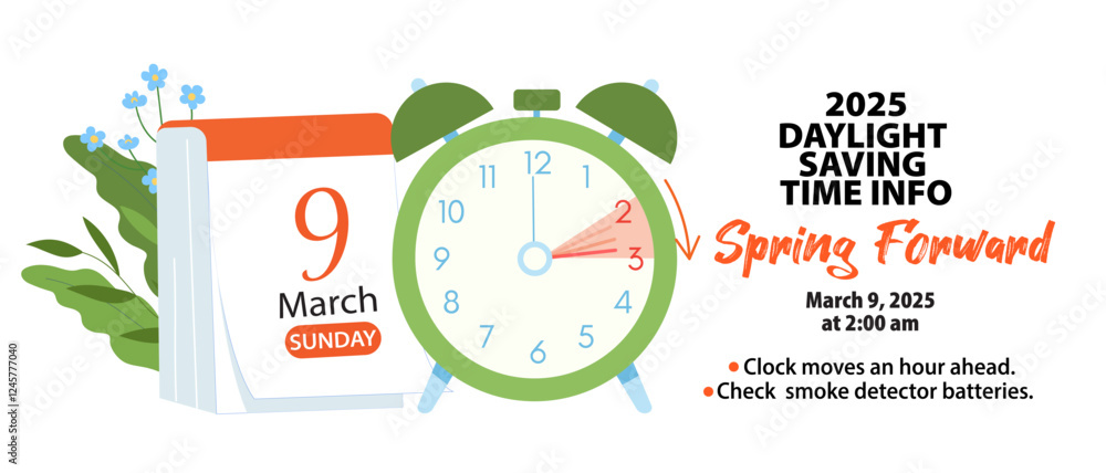 Daylight saving time, 2025 concept. Alarm clock and calendar with the ...