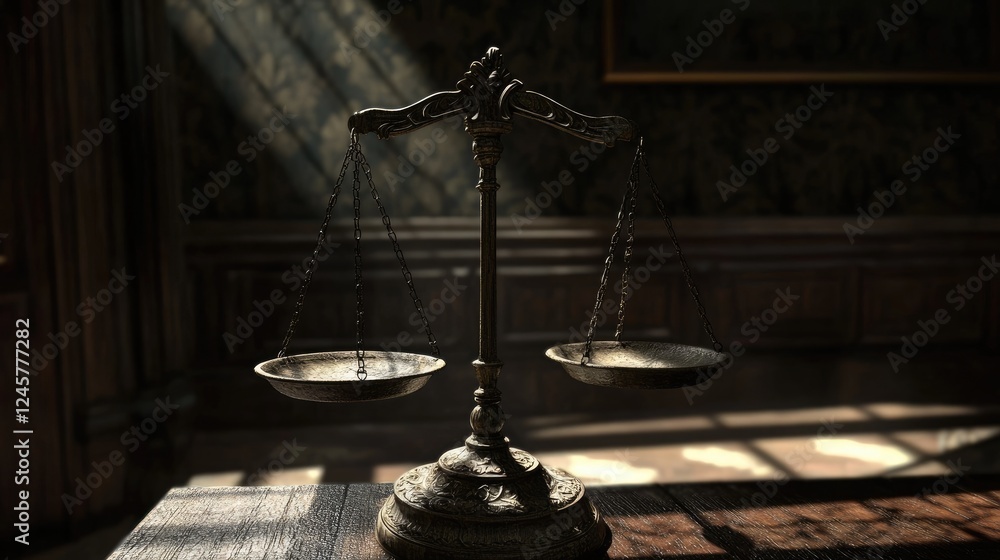 A beautifully aged balance scale set against a dark, classic interior ...