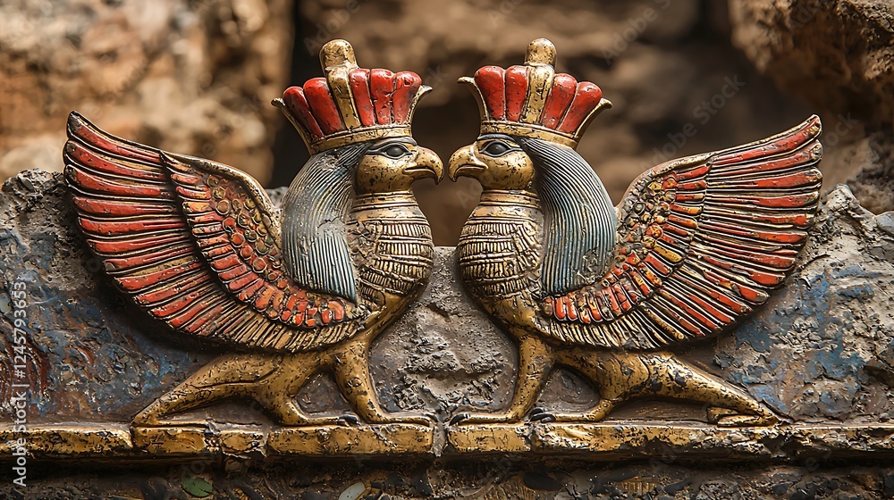 Ancient Egyptian Sphinx with Wings and Crowns - Detailed Carving Stock ...