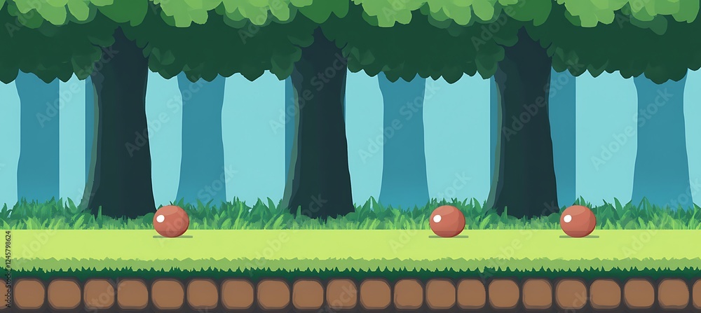 Simple video game forest level background with three red balls. Stock ...