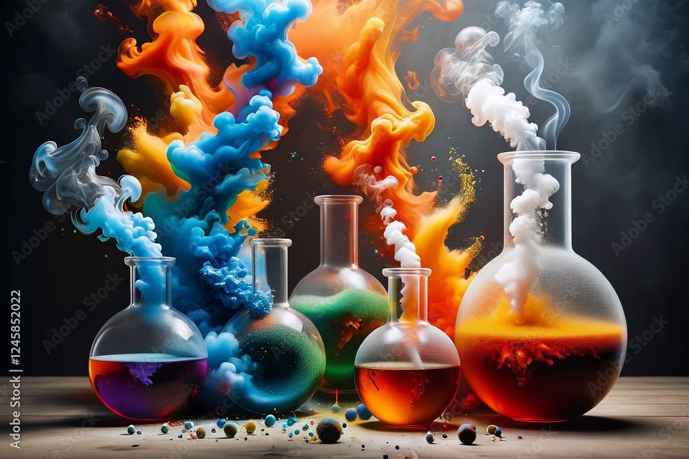 Stock-Illustration „Chemical laboratory, smoke, burning, chemical reagent bottles, beakers, test ...