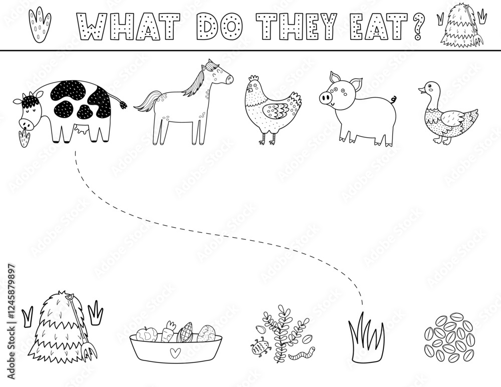 Image vectorielle Stock What do they eat matching game for kids in ...