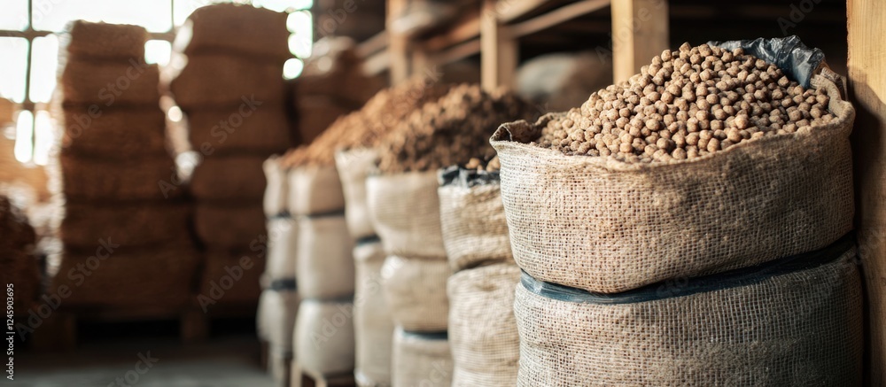 Biomass pellets in storage bags inside a warehouse with ample empty ...
