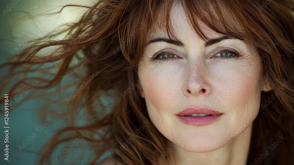 Beautiful Woman with Windblown Hair Against Soft Background Stock Photo ...