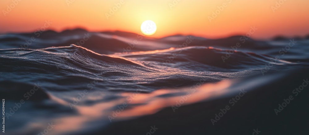 Serene sunset over ocean waves with vibrant colors and negative space ...