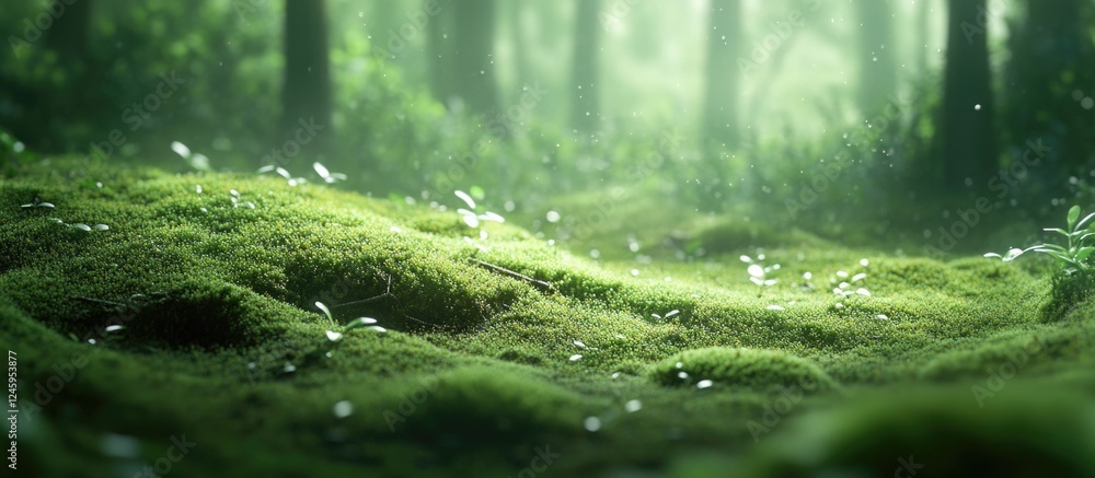 Lush green moss covers the forest ground surrounded by soft light ...