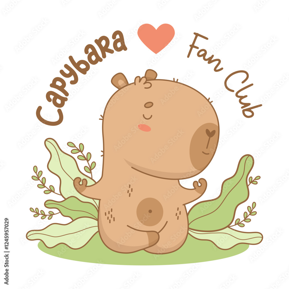 Cute Capybara meditates in nature. Funny calm athlete kawaii animal ...