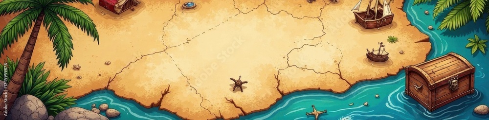 Hand-drawn vector map with pirate symbols, treasure chest , jewels, map ...