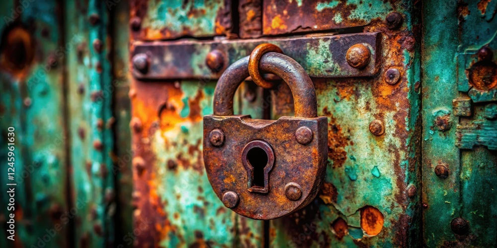 Rusty vintage padlock, steel hasp latch, detailed antique keyhole ...