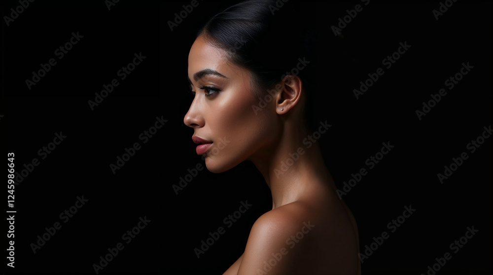 Fashionable photo of elegant woman with bare shoulders. Profile side ...
