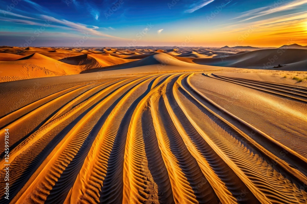 Desert dune buggy's 4x4 tire tracks etched across the sand, an aerial ...