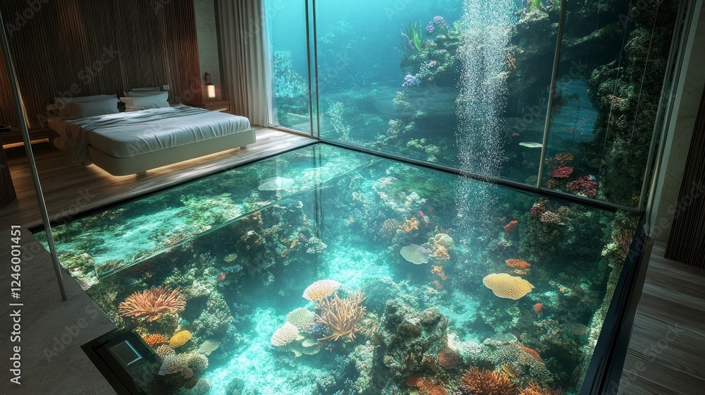 Luxury underwater hotel room with transparent glass floor ocean view ...