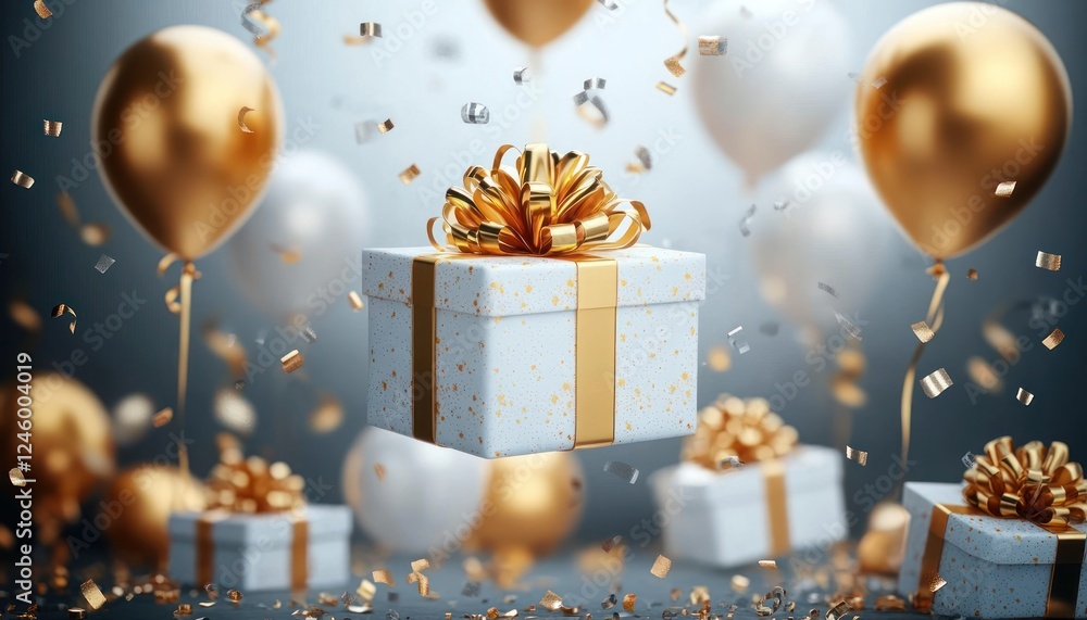 Floating White Gift Boxes with Gold Ribbons and Balloons on Light Blue ...