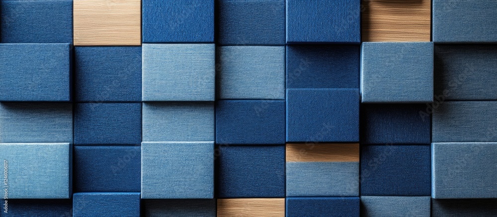 Geometric acoustic panels in various blue shades arranged on a wooden ...