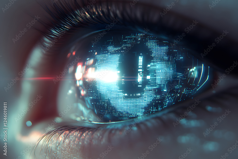 Foto de Stock Human eye with cyber retinal recognition for neuro link ...
