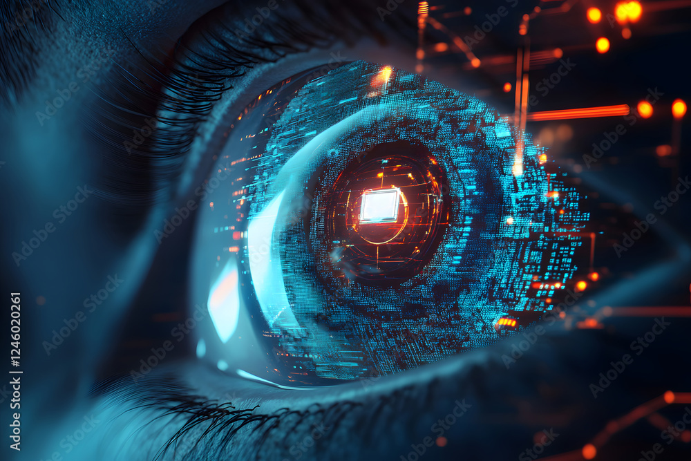 Fotografie Human eye with cyber retinal recognition for neuro link ...