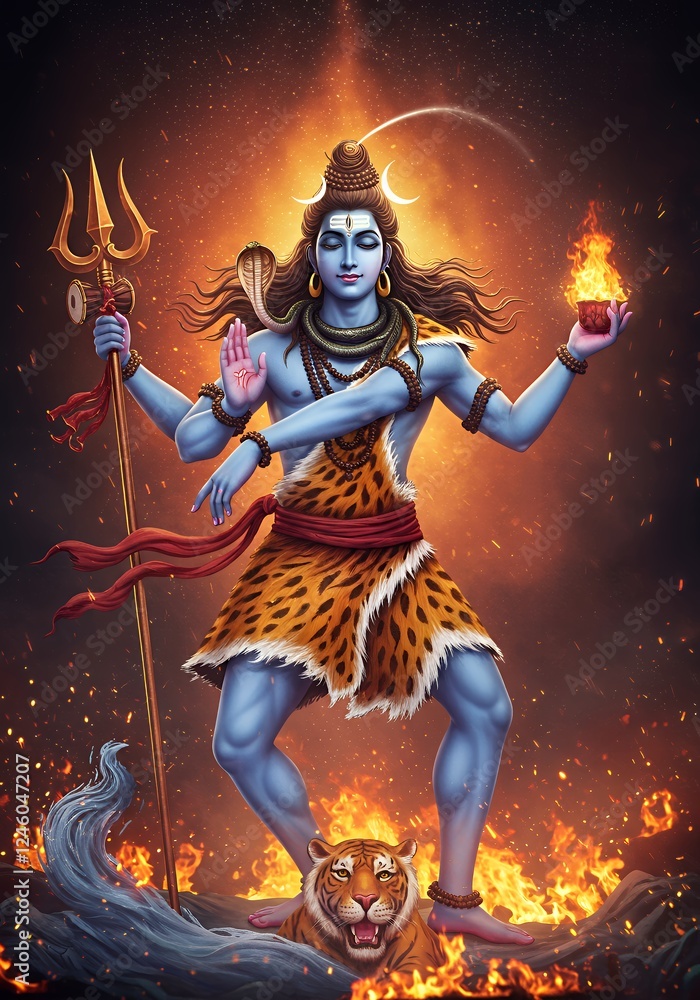 Lord Shiva performing the cosmic Tandava dance, surrounded by celestial ...