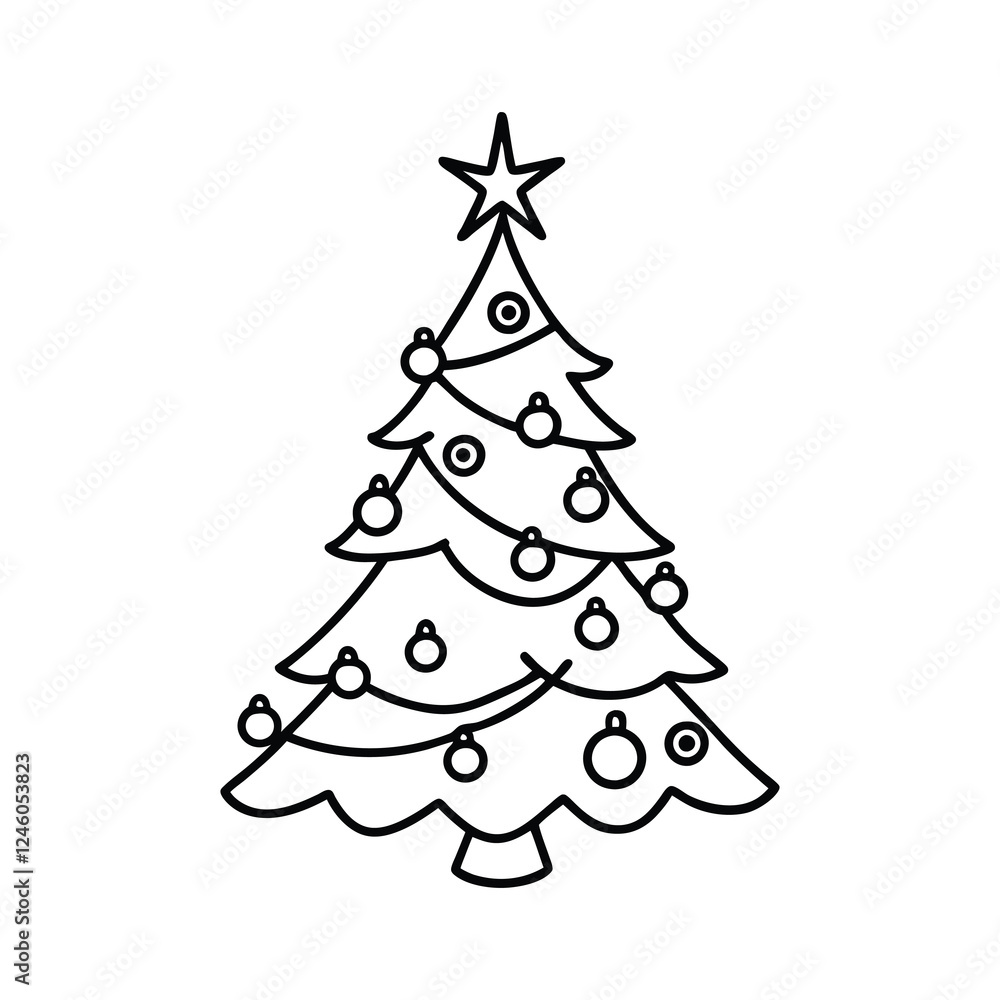 Simple black and white Christmas tree illustration with ornaments ...
