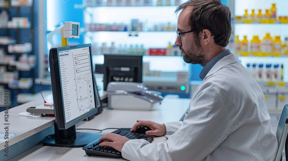 A pharmacist working diligently at a computer, managing prescriptions ...