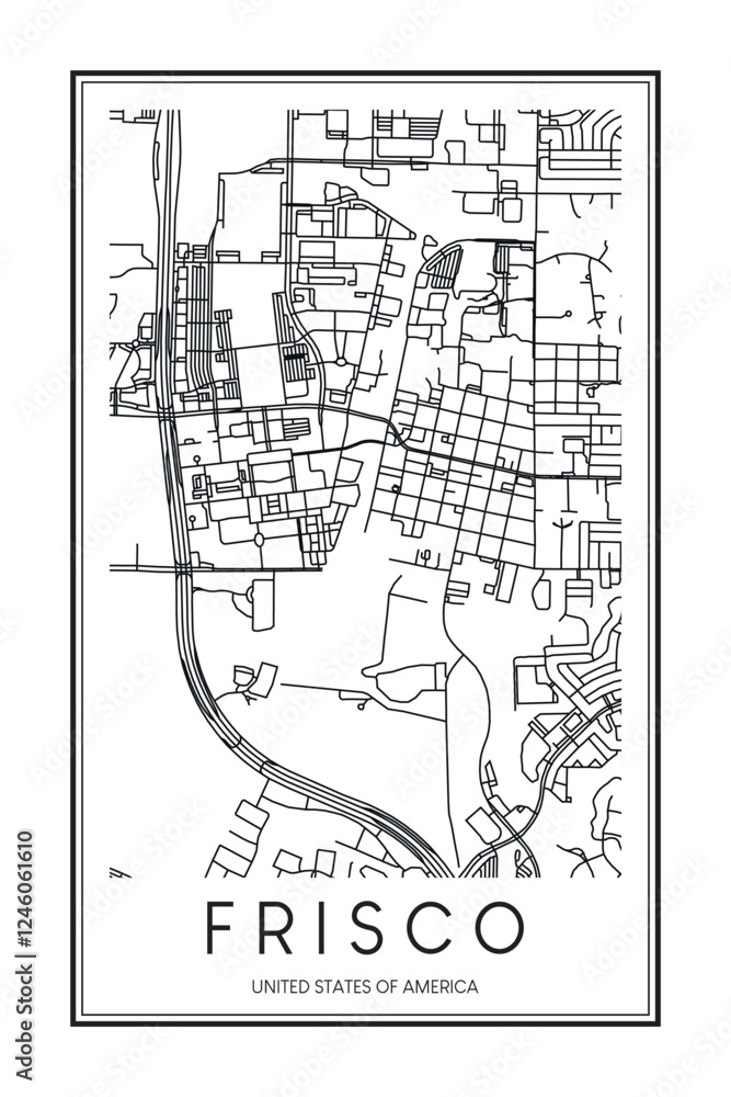 Printable downtown road map poster of the USA city of FRISCO on solid ...