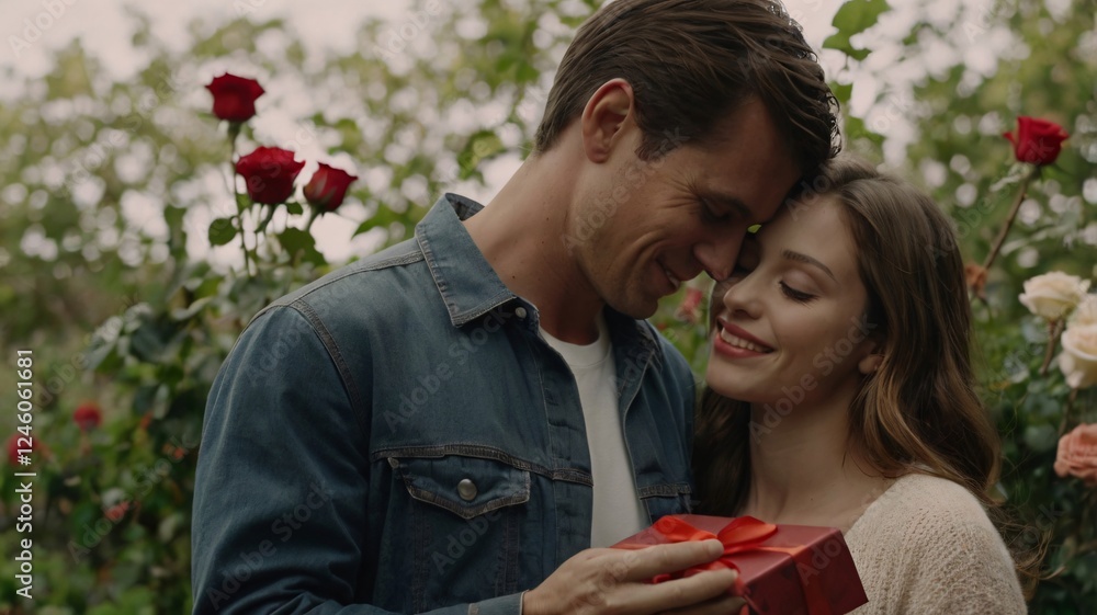 Love in Bloom: A romantic couple stands amidst a vibrant rose garden ...