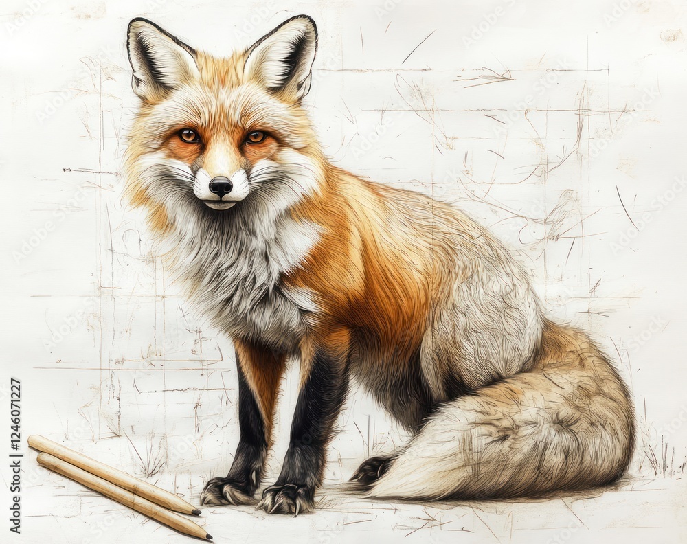 Realistic hand-drawn fox illustration with fine detailing and soft ...