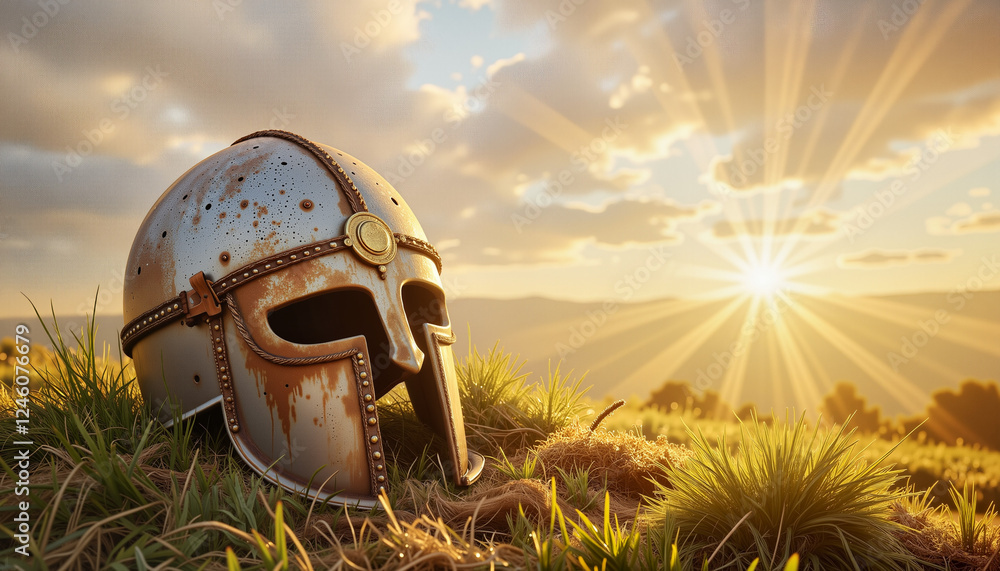 Goliath's fallen helmet illuminated by sunrise on empty battlefield ...